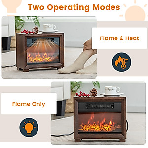 Tangkula Electric Fireplace Heater, 750W Mini Wooden Tabletop Fireplace with Realistic Flame, Safety Protection, 2550 BTU Portable Desktop Fireplace for Apartment, Christmas Decoration (Brown)