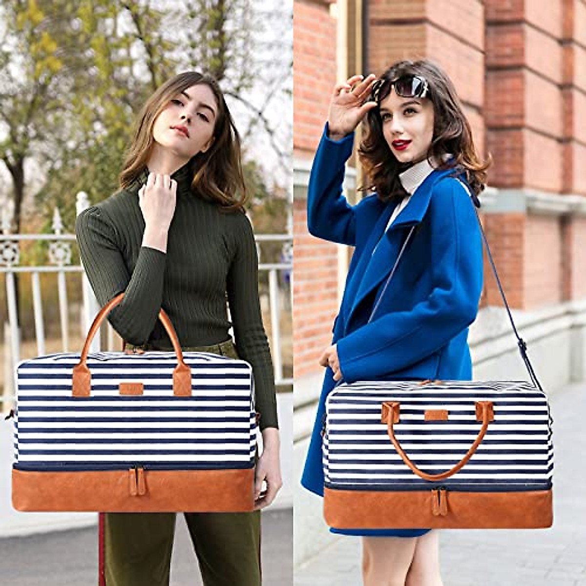 Oflamn Weekender Overnight Bag for Women with Shoe Compartment, Travel Duffle Bag Set with Hand Tote Bag & Toiletry Bag (Blue Stripes)