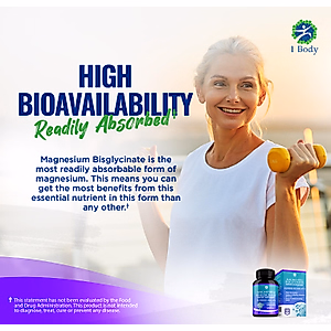 1 Body Magnesium Bisglycinate Supplement, 44 mg Pure Chelated Formula, 120 Capsules, Maximum Absorption, Muscle Cramp Relief