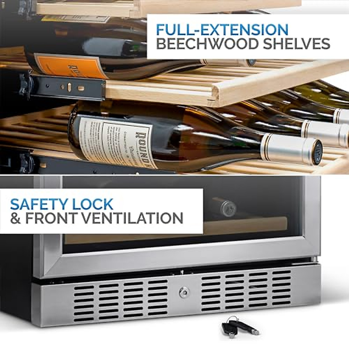 NewAir 24" Wine and Beverage Refrigerator Cooler, 20 Bottle and 70 Can Capacity, Built-in or Freestanding Dual Zone Fridge in Stainless Steel with Splitshelf