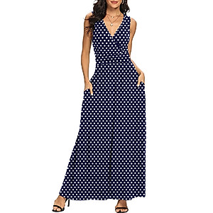LILBETTER Women Sleeveless Deep V Neck Loose Plain Long Maxi Casual Dress(F Navy Blue Polka Dot,Large)