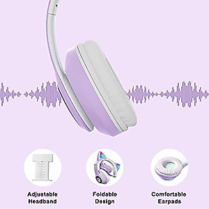 TOKANI Wireless Over-Ear Headphones with Microphone, Bluetooth Cat Ear Headphones for Kids Teens Adults Girls Women (Purple)