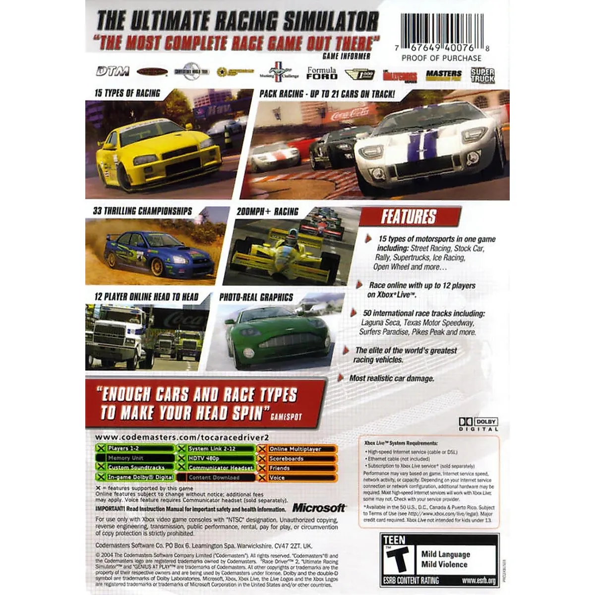 Toca Race Driver 2 Ultimate Racing Simulator - Xbox