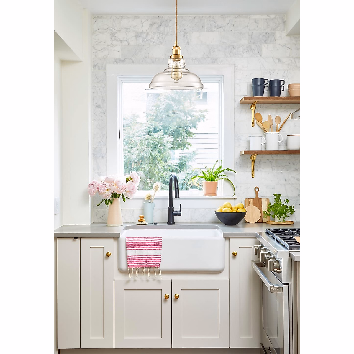 CLAXY Industrial Brass/Gold Pendant Lights Glass Dome Kitchen Hanging Light Fixture-3 Pack