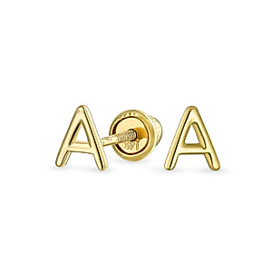 ABC Minimalist Real Yellow 14K Gold Capital Block Alphabet Letter A Initial Stud Earrings Safety Ball Screw Back For Teen For Women