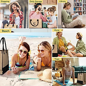 TOPEAST Jute Tote Bags with Zipper Pocket, Initial Embroidery Cosmetic Bag Womens Beach Bag with Adjustable Strap, Birthday Gifts for Girl Sister, Reusable Grocery Bags for Weekend Trips Yoga Letter E