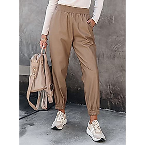 Dokotoo Leather Pants Trendy Elastic Womens Fashion pants High Waisted Cargo Pants Women 2023 Fall Winter Casual Joggers for Women Women's Pants Hiking Tactical Trousers Baggy Clothing Pants Pocket