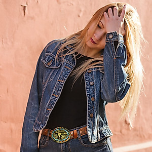 RechicGu Mens Western Leather Buckle Belt, Bull Head Engraved Brown Cowboy Concho Belts With Long Horn Bull Buckles, 1-1/2 Inch Wide S Gold