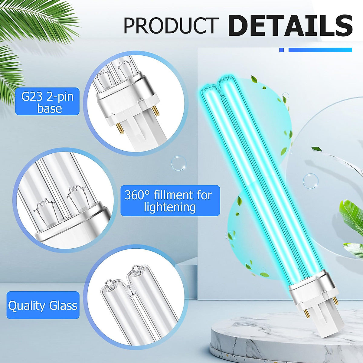Qualirey 2 Pcs 9W UV Light Bulb Compatible with D200 Air Purifier, Air Purifier Whole House UV Light for R18, R18D R2000 Induct Air Purifier, UVC G23 2 Pin Base HVAC UV Light Bulb Replacement