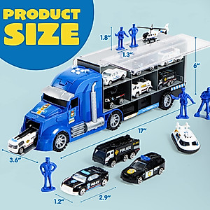 JOYIN 25 in 1 Police Rescue Truck Car Toy Set with Sounds and Lights, Mini Police Vehicles in Carrier Truck, Play Police Patrol Rescue Vehicle Toy, Birthday Gifts for Over 3 Years Old Boys