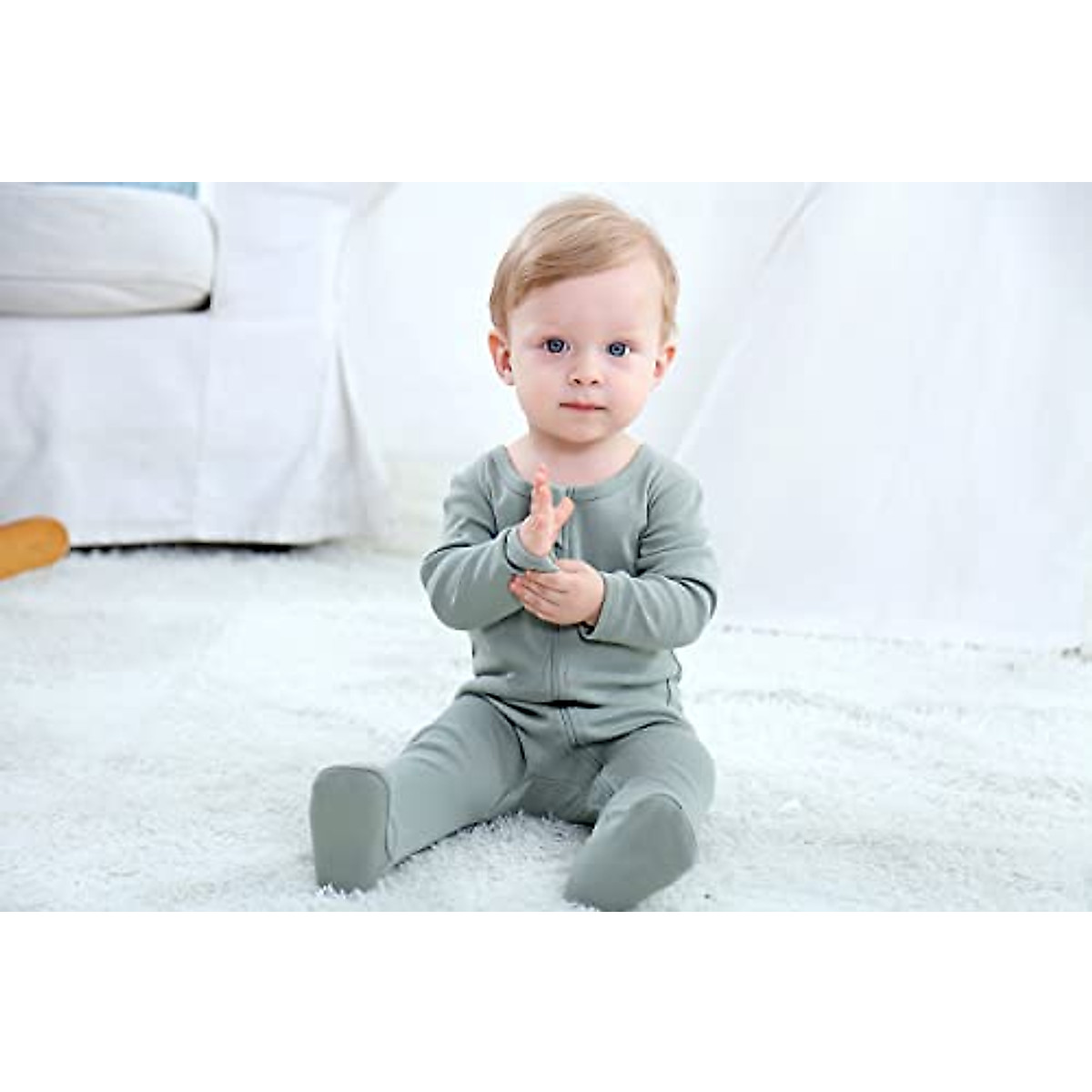 O2 BABY Baby Footed Sleepers Organic Cotton Newborn Pajamas, Baby Girls Boys Footed Sleep 'n Play（Newborn, Sage）