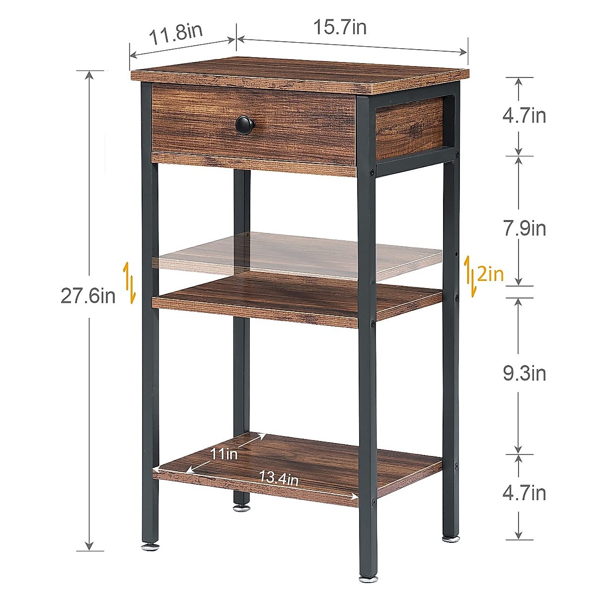 VECELO Tall End Side Table,Nightstand with Adjustable Shelf and Bin Drawer for Living Room/Bedroom/Entryway Small Spaces