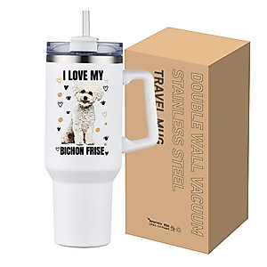 Dog Mom 40 oz Insulated Tumbler with Handle and Straw - Dog Lover Gifts for Women, Bichon Frise Gifts