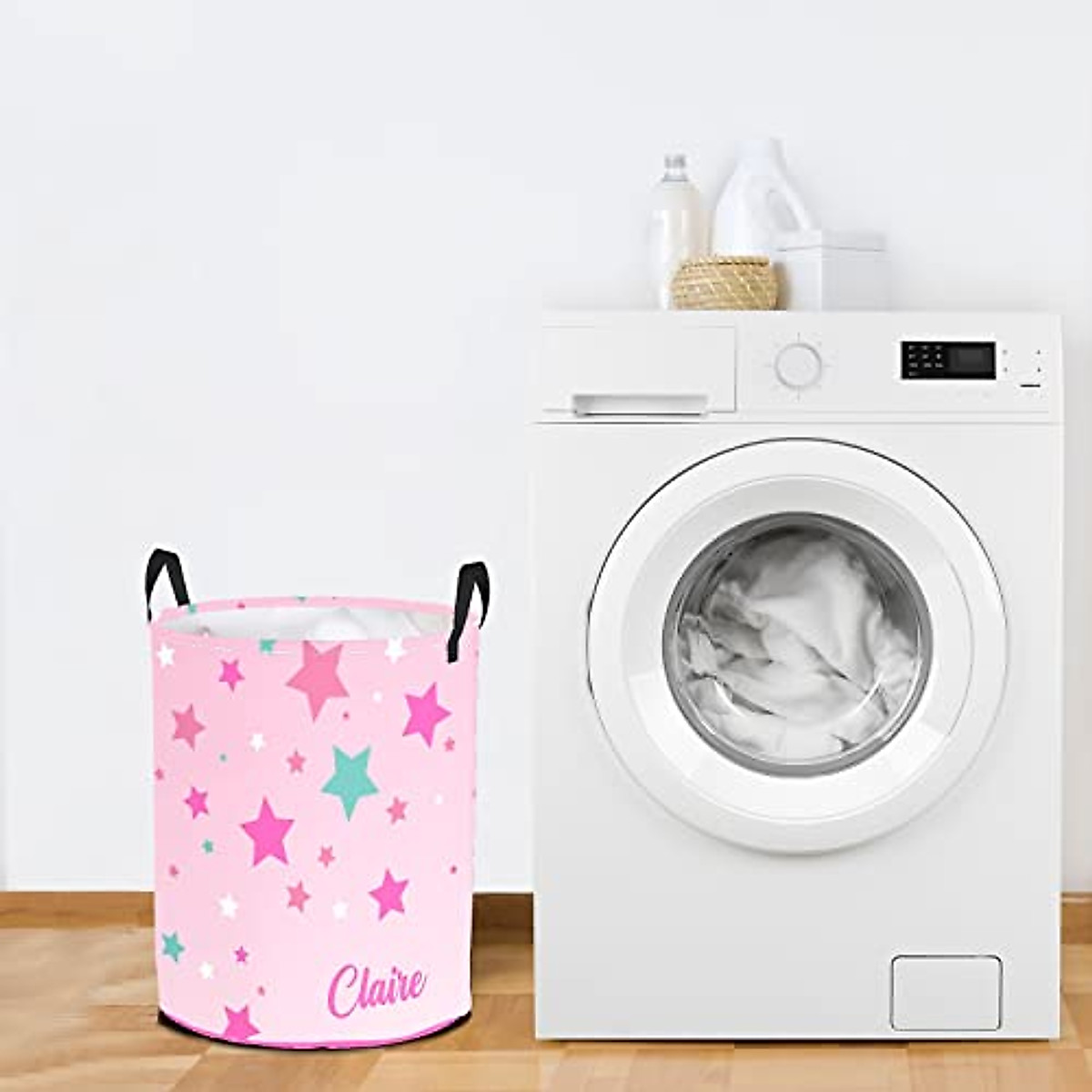 Personalized Laundry Basket Hamper,Star Pink Background,Collapsible Storage Baskets with Handles for Kids Room,Clothes, Nursery Decor