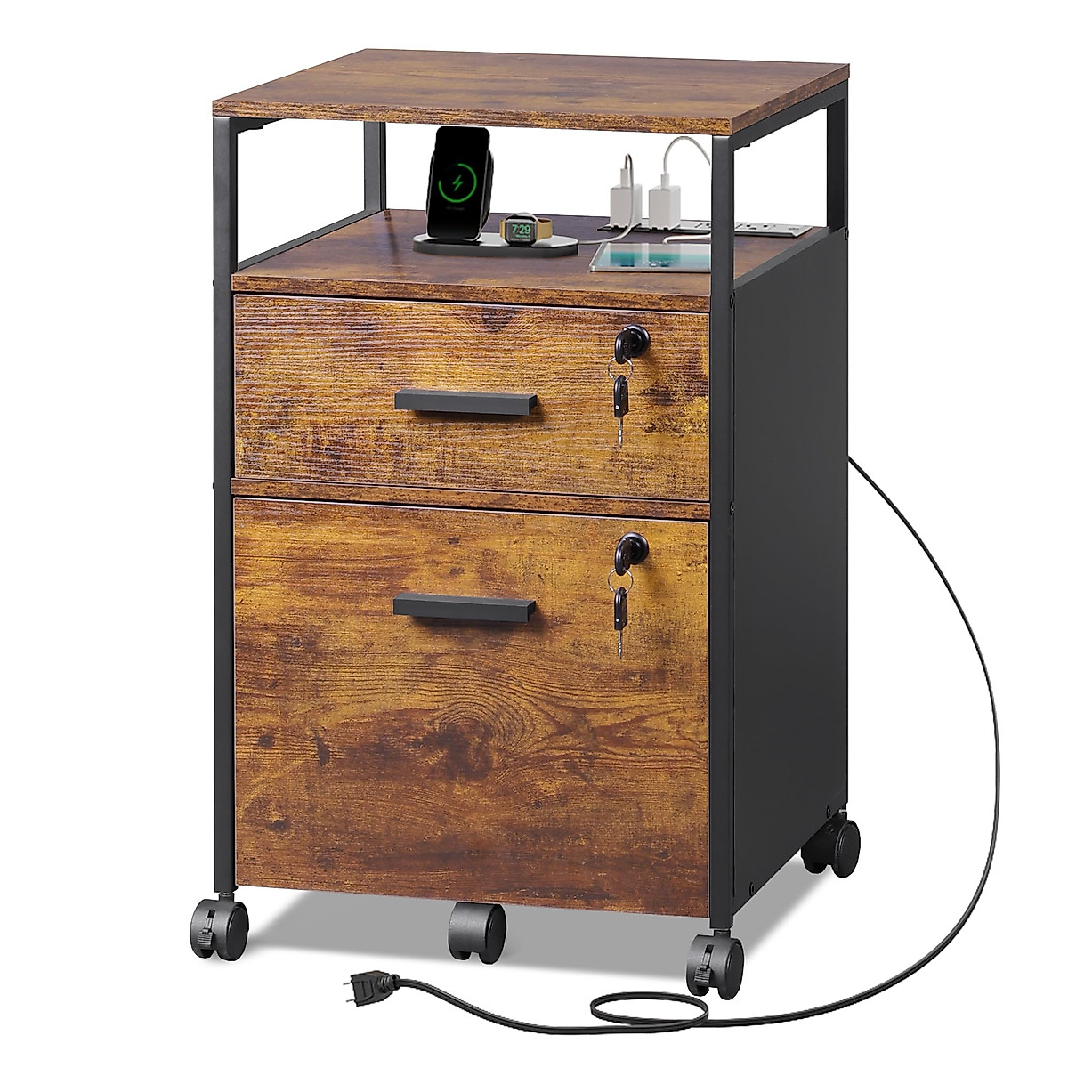 DEVAISE 2 Drawer File Cabinet, Mobile Printer Stand with Open Storage Shelf, Wood Filing Cabinet fits A4 or Letter Size for Home Office, Rustic Brown