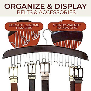 Richards Homewares Belt Hanger Rack for Closet Organization and Storage Display Holder with 12 Hooks, Wood and Chrome Accents, Dark Walnut, 75532