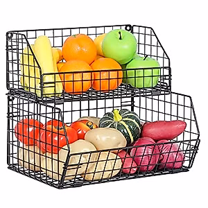 Fruit Vegetable Basket 2-Tier Wall-mounted Wire Storage Baskets Countertop Detachable Stackable Bin Kitchen Organizer Pantry Basket for Snack Canned Foods Potato Onion Storage Cabinet