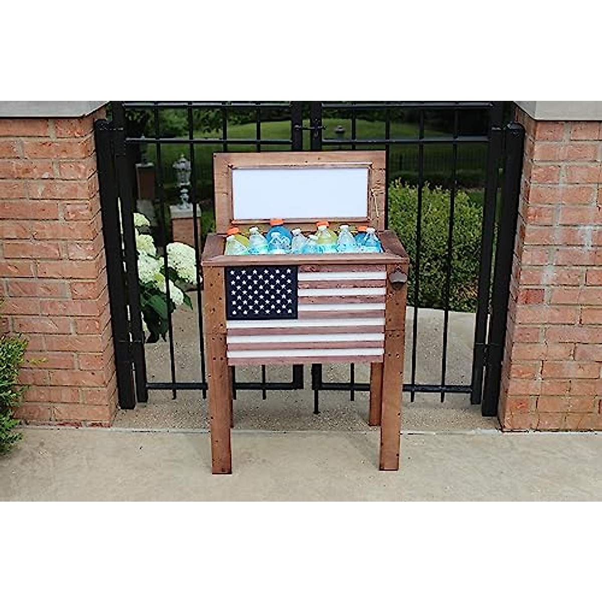 Wooden Patio Beverage Cooler for Porch, Deck or Patio - American Flag Design - 57 Qt - Backyard Expressions