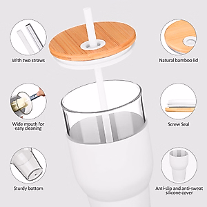 kytffu 32oz Glass Tumbler with Straw and Lid, Reusable Boba Smoothie Cup Iced Coffee Tumbler with Silicone Sleeve, Fits Cup Holder Glass Water Bottle BPA Free, Olive + White