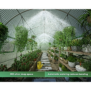 Papababe 26x10x7ft Large Walk-in Greenhouse for Outdoors with Watering System Upgraded Swing Door Tunnel Greenhouse kit, Heavy Duty Galvanized Steel Frame,Ground Pegs & Film Clips,16 Windows, Green
