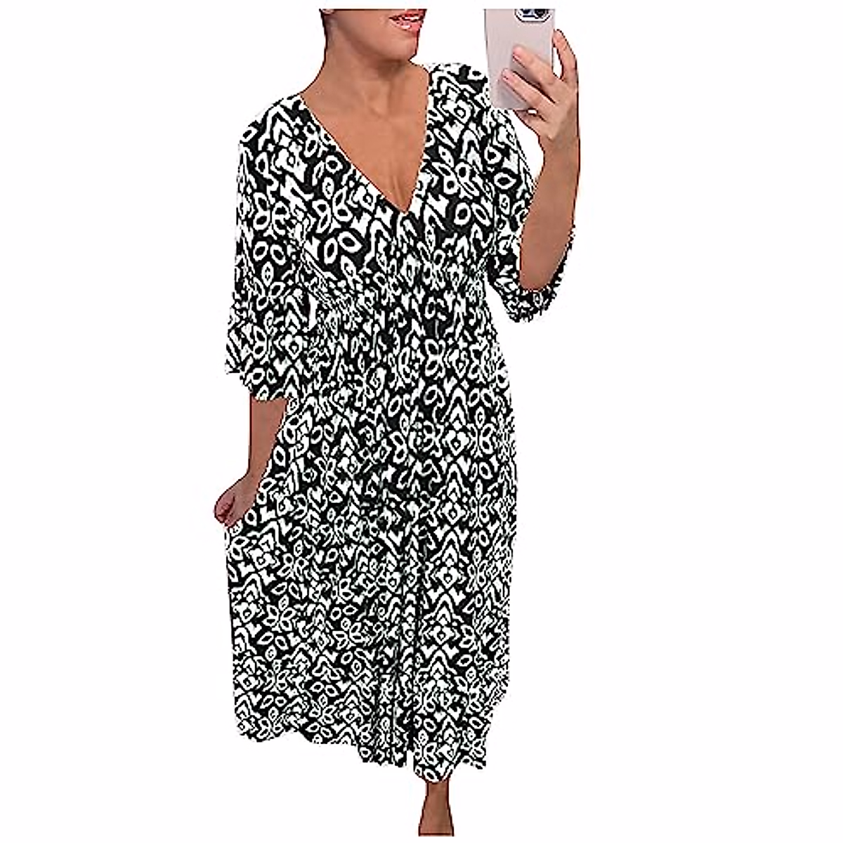 WSHEMV Ladies Fall Dresses, Women's Floral Dress 2023 Casual Printed V-Neck Dress with Tunic Waist Ruffle Sleeves 3/4 A Line Bohemian Maxi Dresses Floral Dresses Long Sleeve Winter (M, Black)