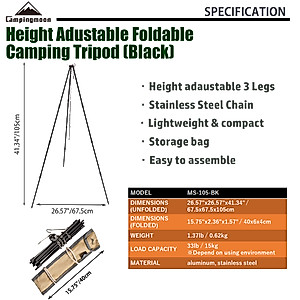 CAMPINGMOON Camping Campfire Tripod with Carrying Bag Portable Lightweight Aluminum 41.3-inch Height Stainless Steel Chain