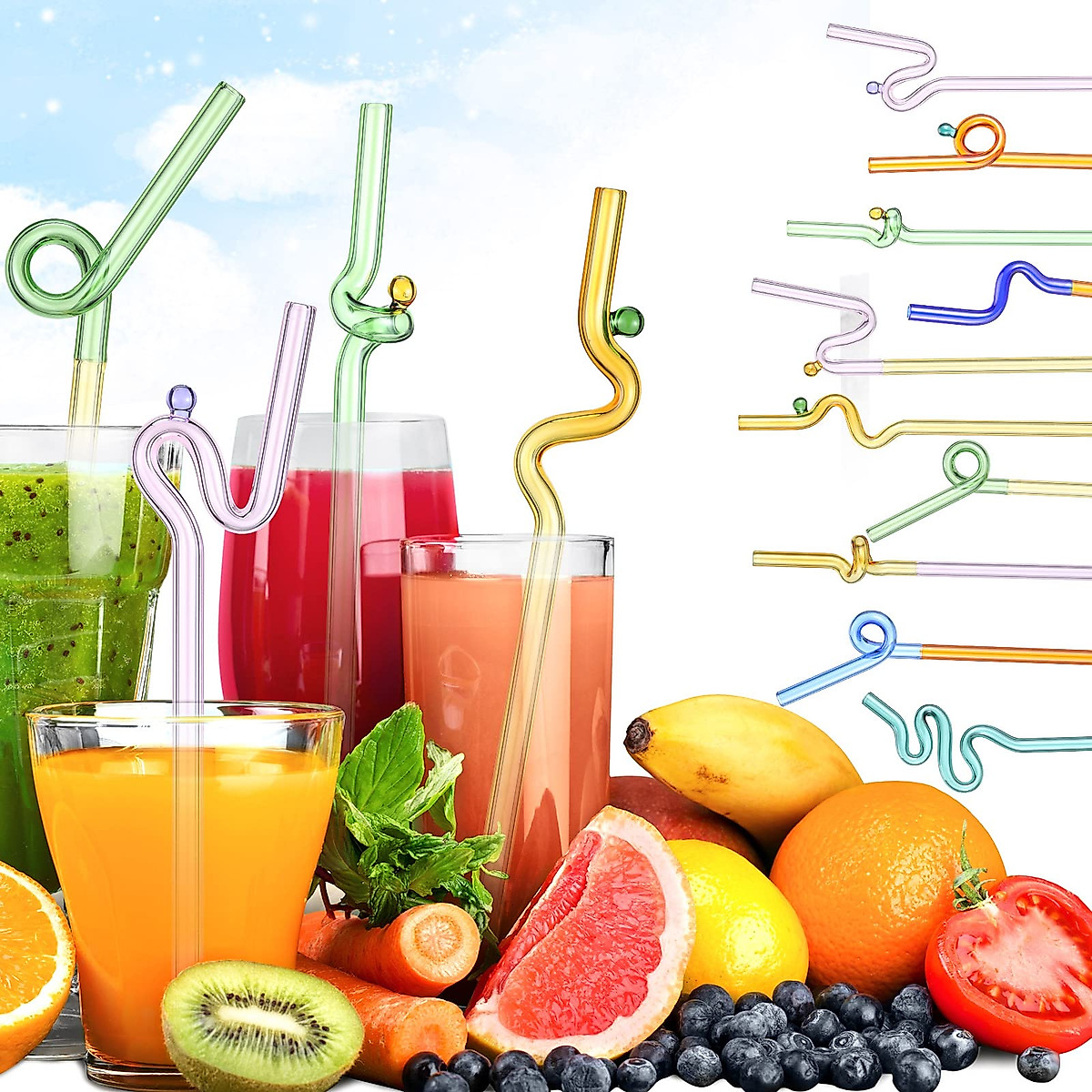 Gerrii 10 Pcs Twists Glass Straws Crazy Straws Cute Reusable Glass Straws Silly Straws for Drinking Beverages Coffee Drinks (Cool)