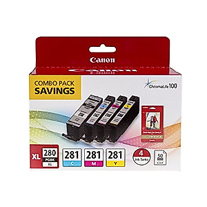 Canon PGI-280XL PGBK/CLI-281CMY, 50 Sheets PP-301 Combo Pack & 281 Black Ink Tank, Compatible to TR8520, TR7520, TS9120 Series