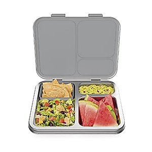 Bentgo® Kids Stainless Steel Leak-Resistant Lunch Box - Bento-Style Redesigned in 2022 w/Upgraded Latches, 3 Compartments, & Extra Container - Eco-Friendly, Dishwasher Safe, Patented Design (Silver)