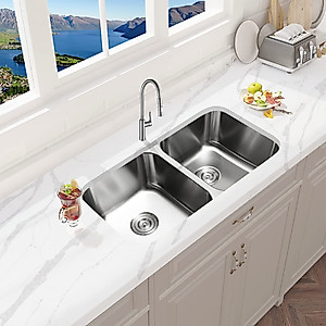 KABCO 32 Inch Swirl Finish Stainless Steel Classic Kitchen Sink, Sound and Heat Proof Double Equal Bowl Undermount Sink with Kitchen Sink Strainers, Removable Garbage Baskets and Sink Grids