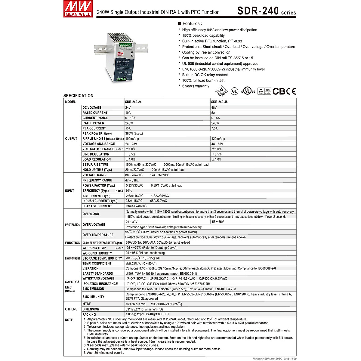MW Mean Well SDR-240-48 48V 5A 240W Single Output Industrial DIN Rail with PFC Function Power Supply