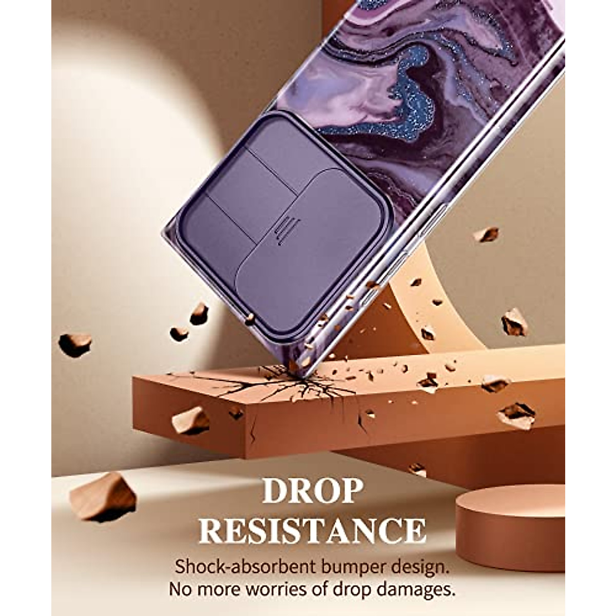 GVIEWIN Compatible with Samsung Galaxy S23 Ultra Case with Slide Camera Cover, [Military Grade Drop Protection] Slim Marble Shockproof Protective Phone Case Fit S23 Ultra 5G 6.8" (Quicksand/Purple)