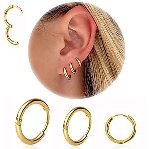 Small Gold Huggie Hoop Earrings,Cartilage Hoops Earrings,Helix Hoops,Tragus Hoop Earrings,6mm/8mm/10mm 14K Gold-Plated Surgical Stainless Steel Hoop Earrings Hypoallergenic for Body Piercing (Gold-3Pairs)