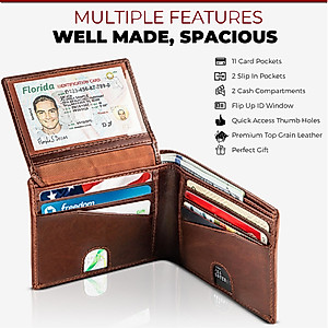 BULL GUARD Mens RFID Blocking Bifold Wallet Soft Genuine Leather Brown Western | Secure and Durable Extra Capacity Billfold with 11 Credit Cards, Flip Up ID