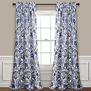 Lush Decor, Blue Cynthia Jacobean Darkening Window Curtains Set for Living, Dining Room, Bedroom, 108" L Panel Pair