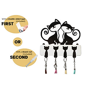 ARCORP Wooden Cat Key Holder for Wall with Four Cute Keychains, Mounting Hardware - Decorative Handcrafted Cat Puzzle Key Organizer and Home Decor - Eco-Friendly Wood Key Hanger