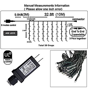 Ysdeal 400 LED Icicle Christmas Lights Outdoor, 32 Feet 50 Drops 8 Modes Window Curtain String Light Wedding Party Home Garden Bedroom Outdoor Indoor Wall Decorations (Worm White)