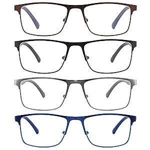 DILLY VISION 4-Pack Blue Light Blocking Reading Glasses for Men Stylish Metal Frame Readers with Comfort Spring Hinges Anti Glare UV Filter Eyeglasses, +2.5 STRENGTH