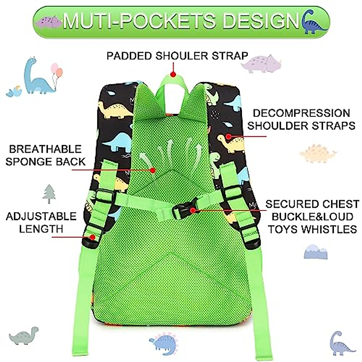 BTOOP Toddler Backpack Boys Girls Cute Kids School Backpack Preschool Kindergarten Bookbags Nursery Daycare Toddler Bags(Black Green)