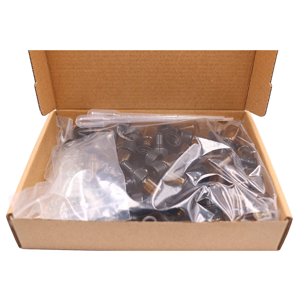 50Pcs 2ml Amber Glass Dropping Bottles Mini Essential Oil Dropper Bottles Empty Travel Perfume Sample Vials Containers with Glass Eye Dropper and Cap in Box(2 Droppers Included)