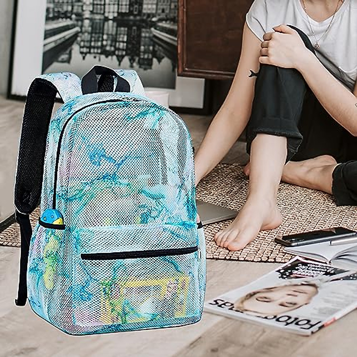 LEDAOU Mesh Backpack for Kids Girls Semi-Transparent Mesh School Backpack Bookbag Lightweight Casual Daypacks for Beach Gym(Marble Purple Blue Green)