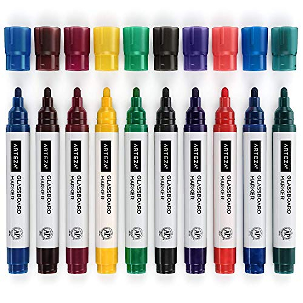 ARTEZA Glass Board Dry Erase Markers, Pack of 10 Colors, Low-Odor Ink, Erasable Mirror and Window Markers, Office Supplies for Whiteboards, School