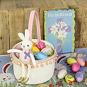 Sea Team Small Cotton Rope Storage Basket, Easter Bunny Tote Bag for Eggs, Portable Basket, Candy Bag, Caddy for Kids, Easter Days, Holidays, Pink Lace