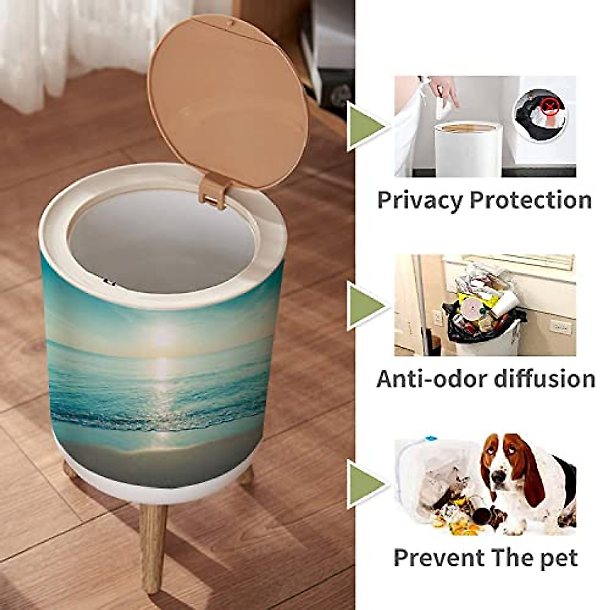IBPNKFAZ89 Small Trash Can with Lid Beautiful Silhouette Sunset at Tropical sea Garbage Bin Wood Waste Bin Press Cover Round Wastebasket for Bathroom Bedroom Kitchen 7L/1.8 Gallon
