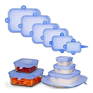 TraCol Reusable Silicone Stretch Lids, 12 Pcs Silicone Lids, 6 different Sizes BPA-free Silicone Bowl Covers for Cups, Bowls and Dish, Flexible, Round and Rectangle Fit 2.5" - 8.5” Container, Blue