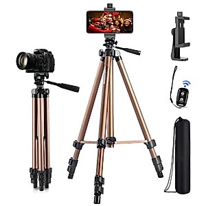 Phone Tripod,51in Adustable Video Recording Camera Tripod Stand with Cellphone Rotation Mount Holder and Bluetooth Remote Compatible with iPhone/Android/DSLR Camera/Action Camera GoPro - Champagne