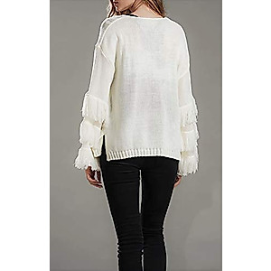 HZSONNE Women's Casual V Neck Tassel Bell Long Sleeve Boho Loose Kimono Cable Knit Pullover Sweater Jumper Tops (White, Large)