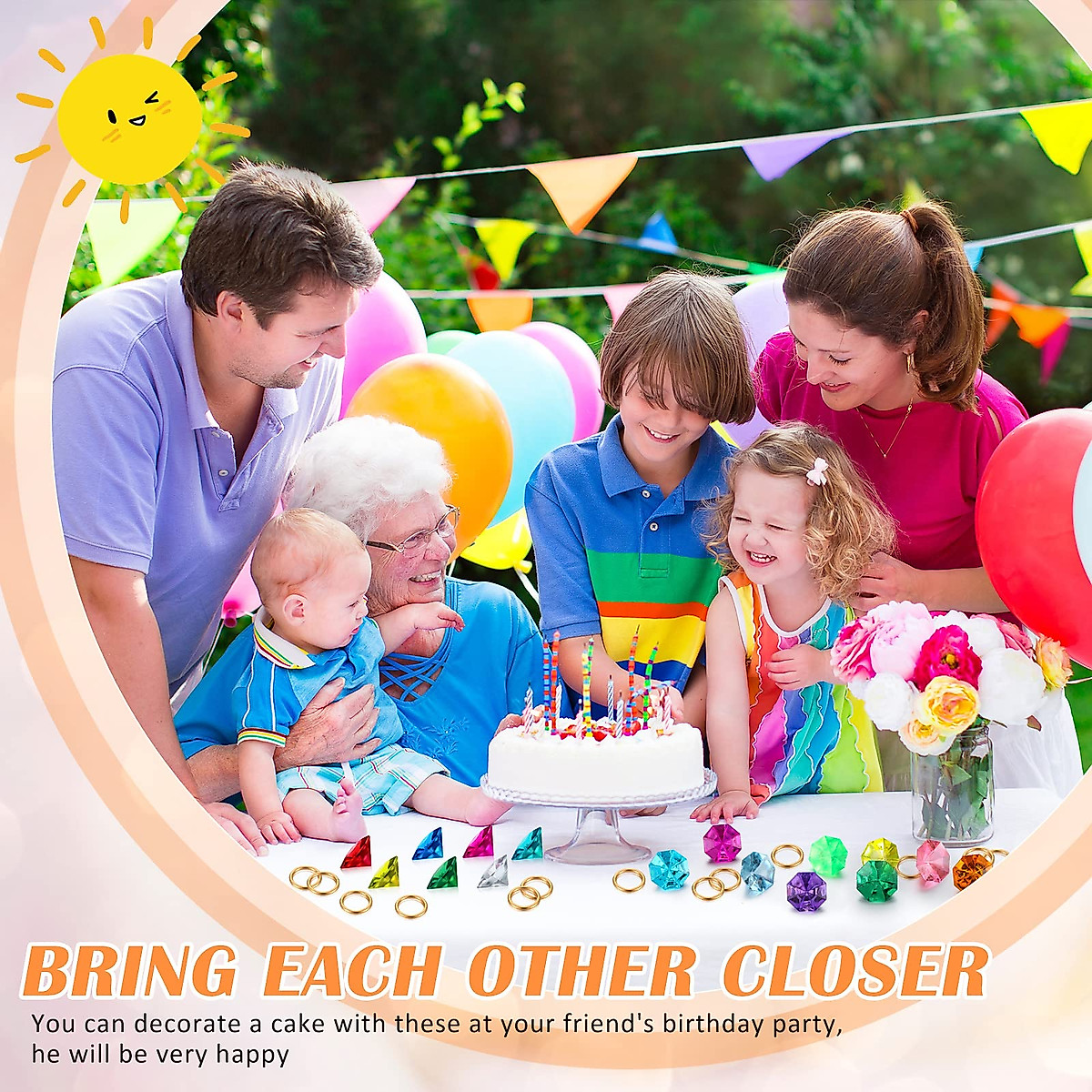 Chalyna 60 Pcs Acrylic Diamond Gem Jewelry Alloy Gold Round Ring Set Hedgehog Chaos Emerald Power Halloween Party Favor Pirate Treasure Hunting Cake Decor with Gift Bag for Birthday (Bright Style)