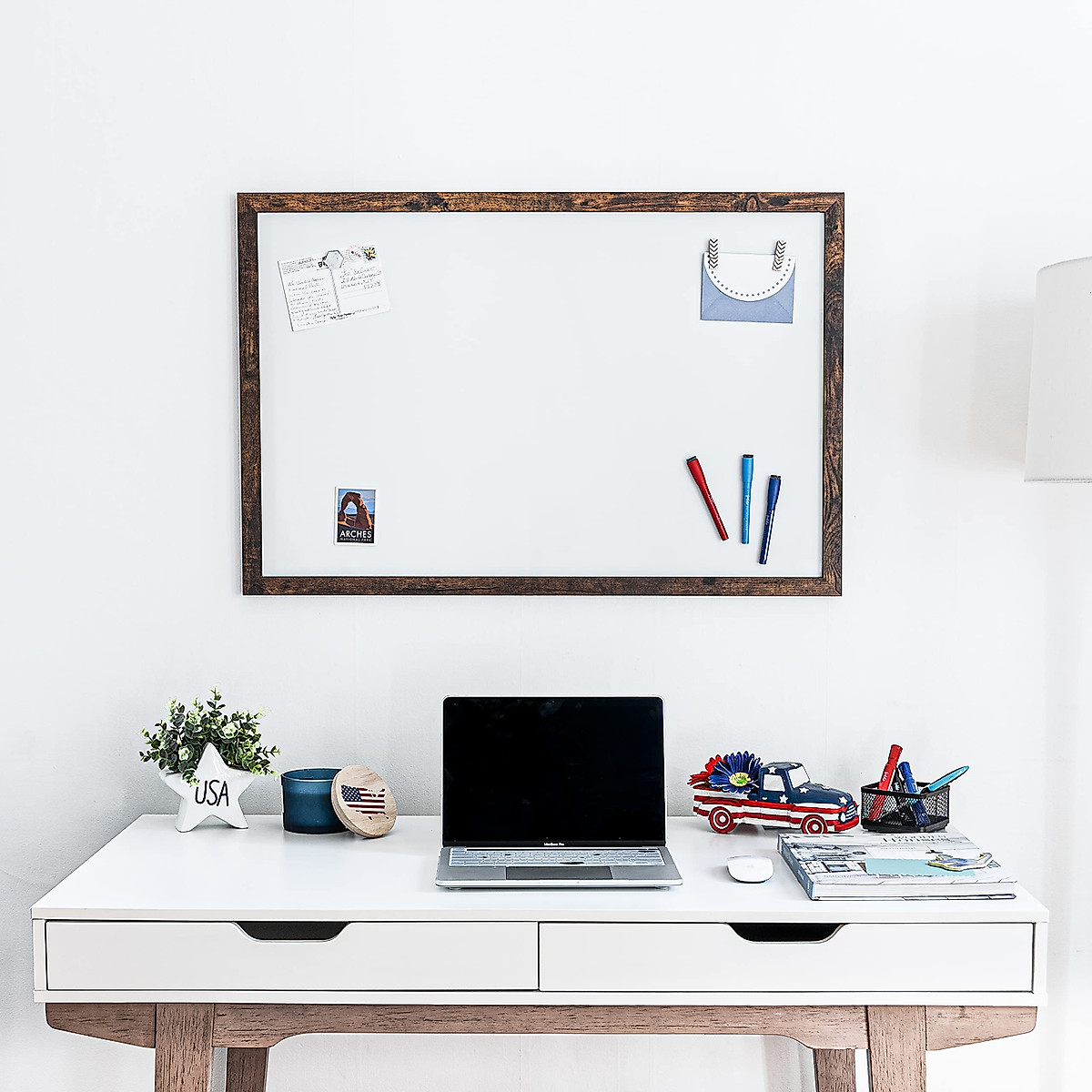 Loddie Doddie Magnetic White Board 24" x 36" - Magnetic Dry Erase Board with Built-in Marker Tray - Rustic Wooden Frame