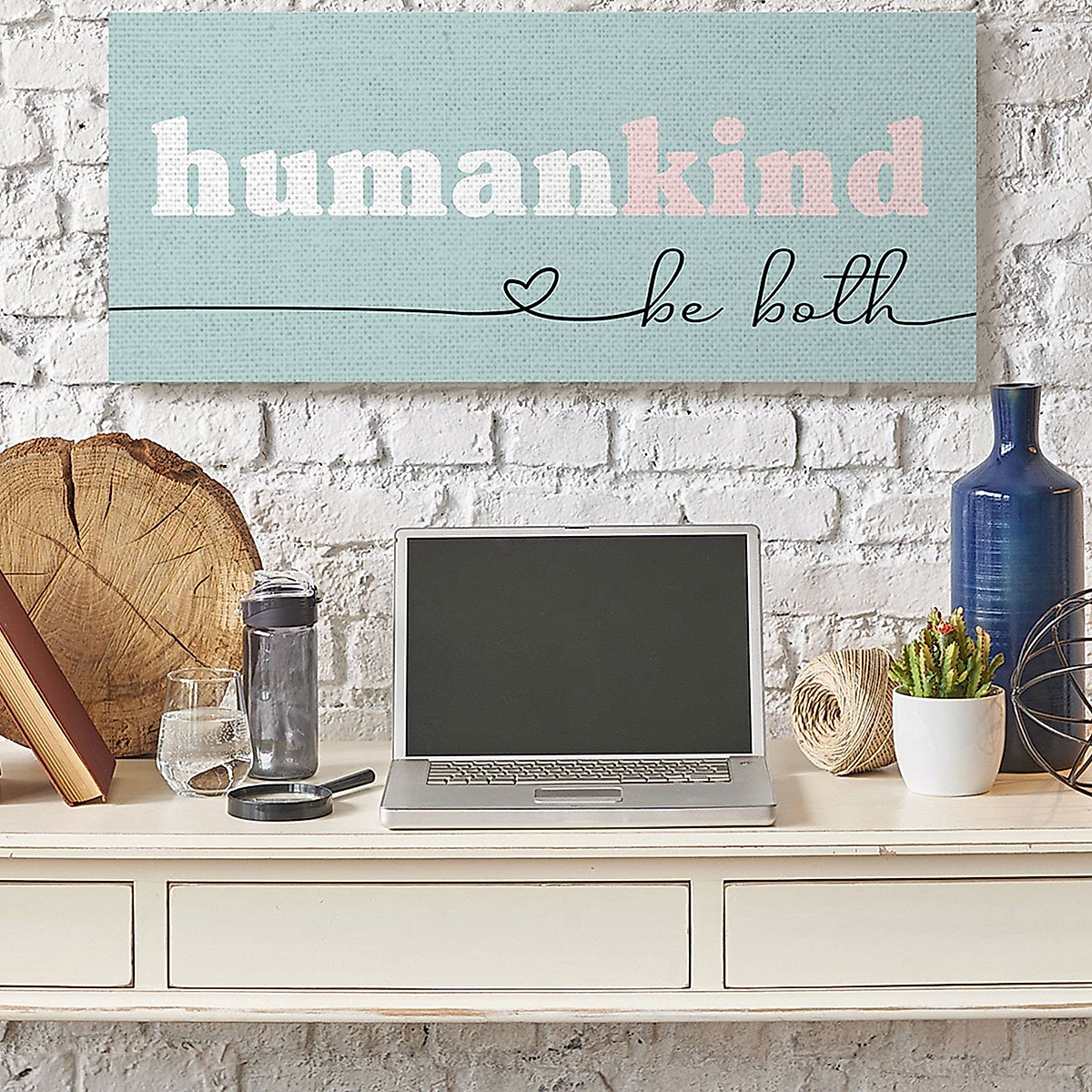Stupell Industries Humankind Be Both Phrase Pink Turquoise Details, Designed by Daphne Polselli Canvas Wall Art, 17 x 40, Green